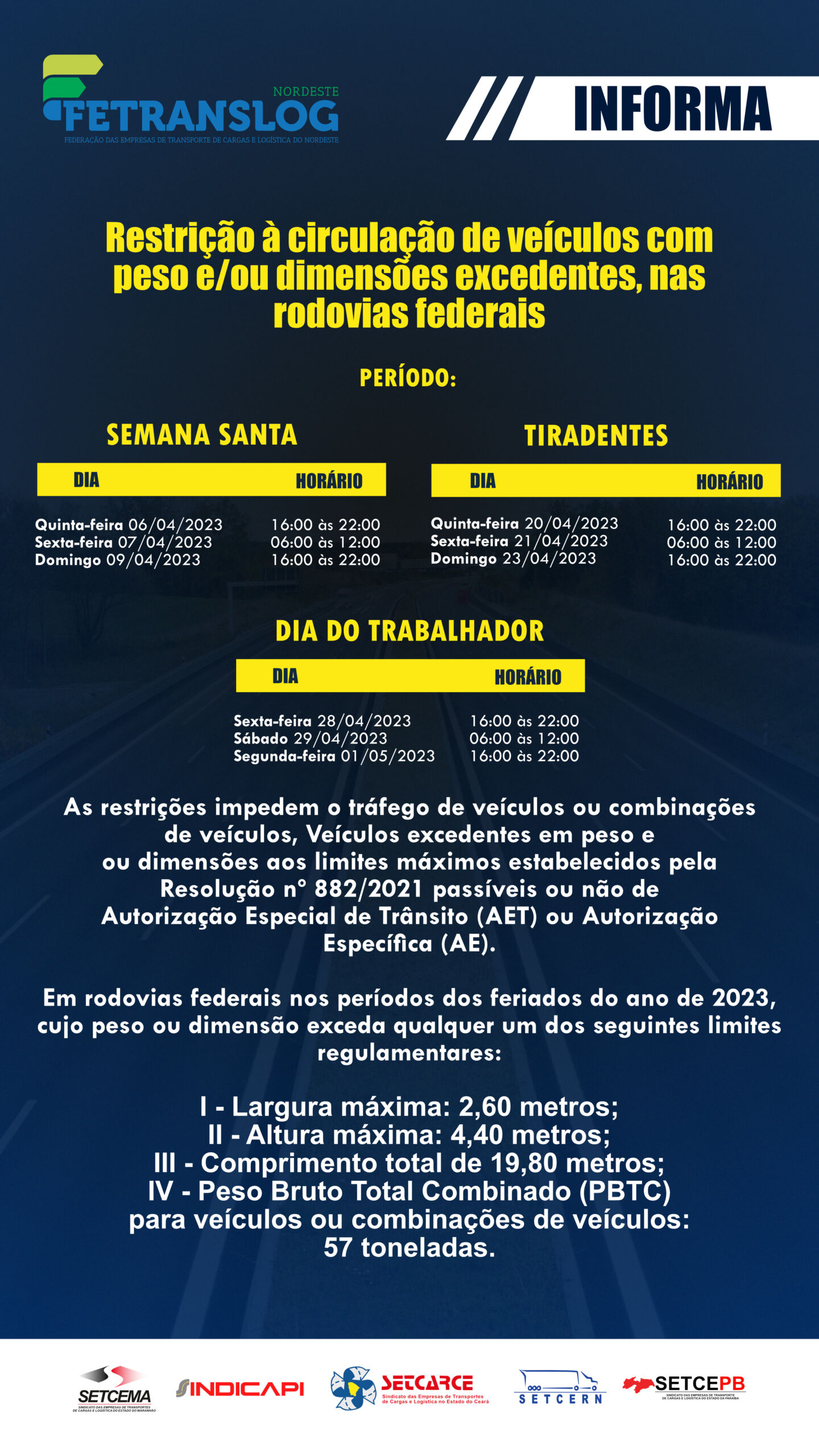 Informativo: Restrições de Tráfego feriados de abril 2023 – FETRANSLOG
